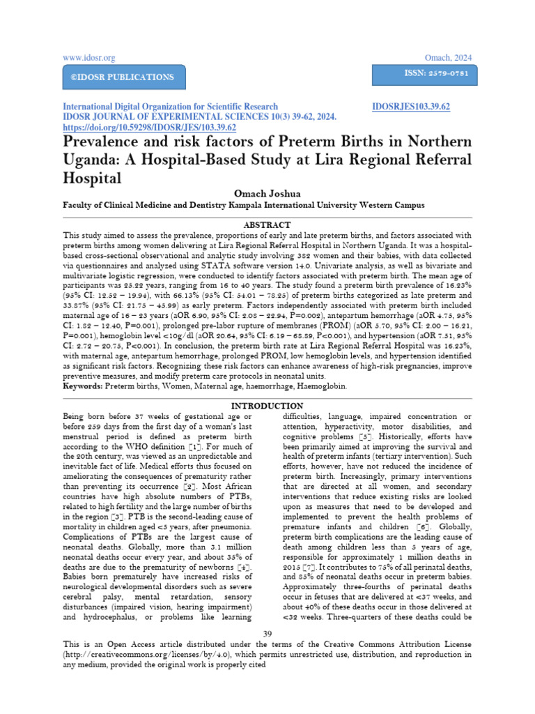 Prevalence and Risk Factors of Preterm Births in Northern Uganda A ...