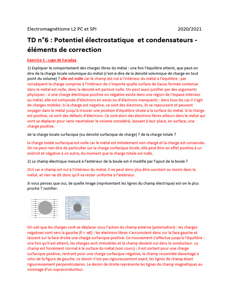 Corrigé TD6 Potentiel Et Condos 2020 2021 L2 PC Et SPI | PDF | Électricité | Électron