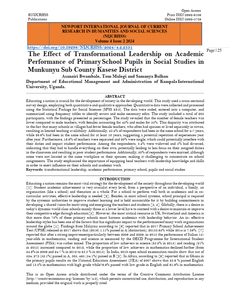 The Effect of Transformational Leadership On Academic Performance of ...