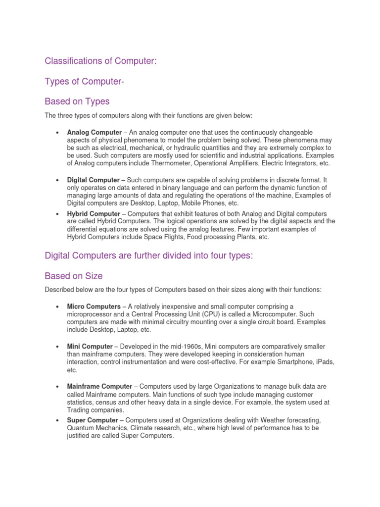 Classifications of Computer | PDF | Computer Monitor | Printer (Computing)