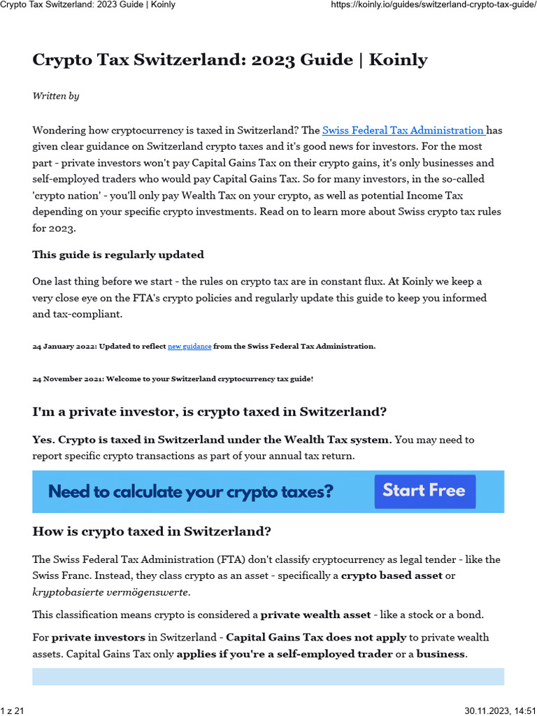 Crypto Tax Switzerland 2023 Guide Koinly | PDF | Cryptocurrency | Taxes