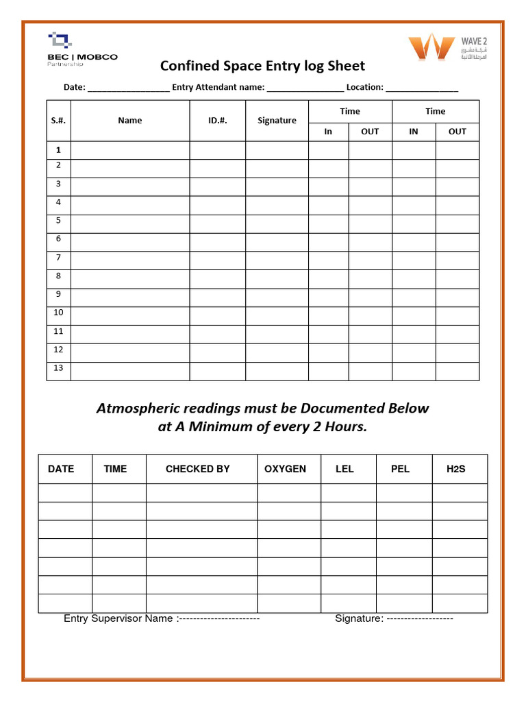Confined Space Entry Log Sheet Template | PDF | Technology & Engineering