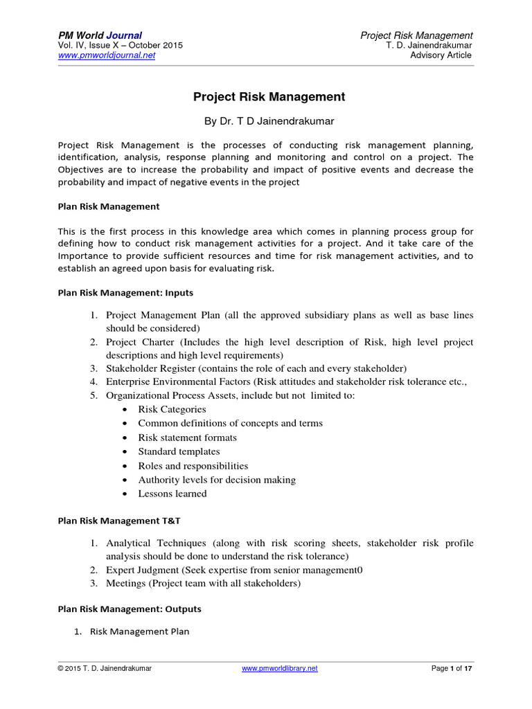 pmwj39 Oct2015 Jainendrakumar Project Risk Management Advisory | PDF ...