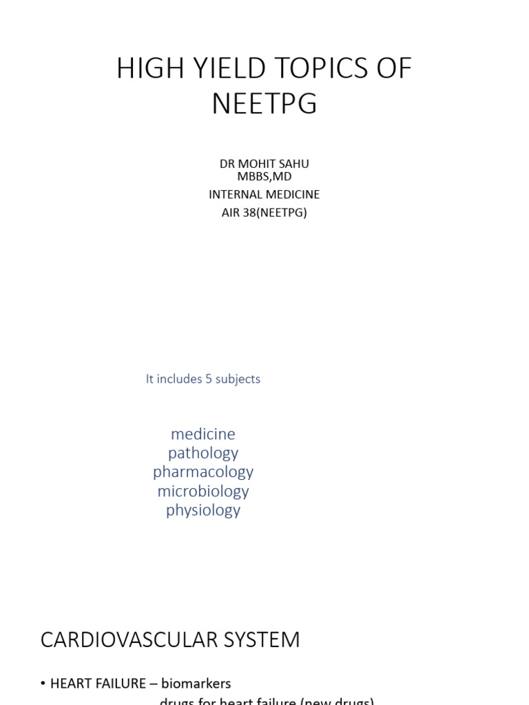 NEET PG High Yield Study Topics Guide | PDF | Heart | Myocardial Infarction