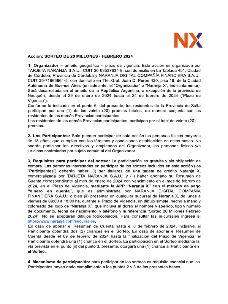 Bases y Condiciones - Sorteo 20 Millones Febrero 2024 | PDF