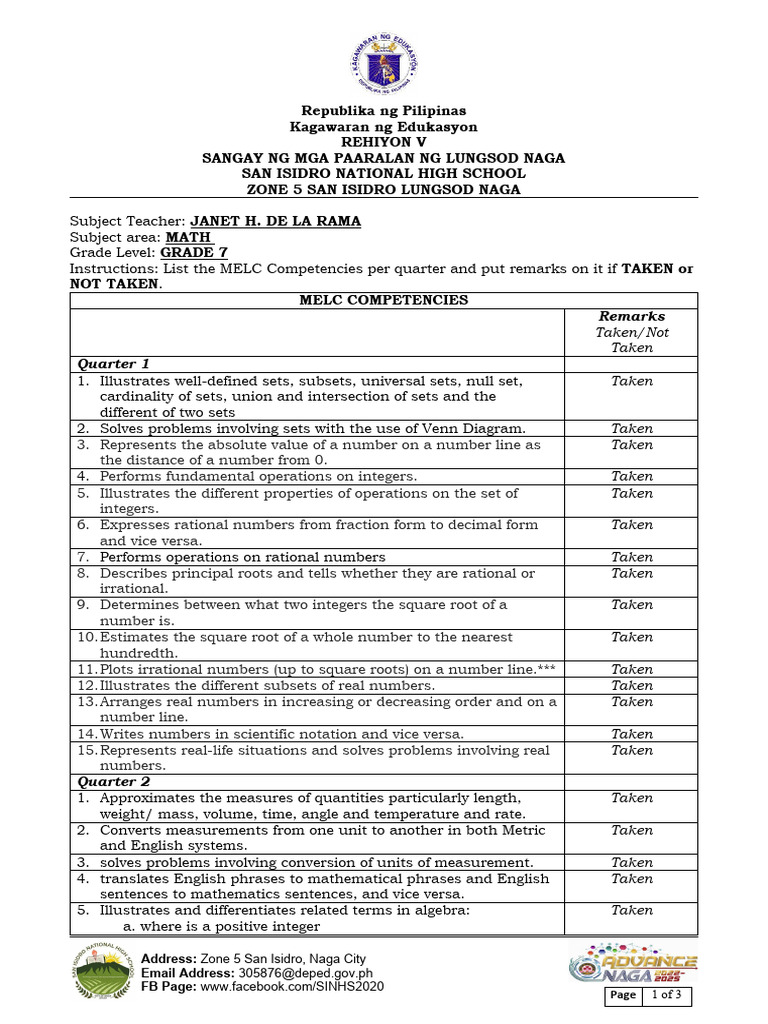 MELC COMPETENCIES For Math | PDF | Equations | Polynomial