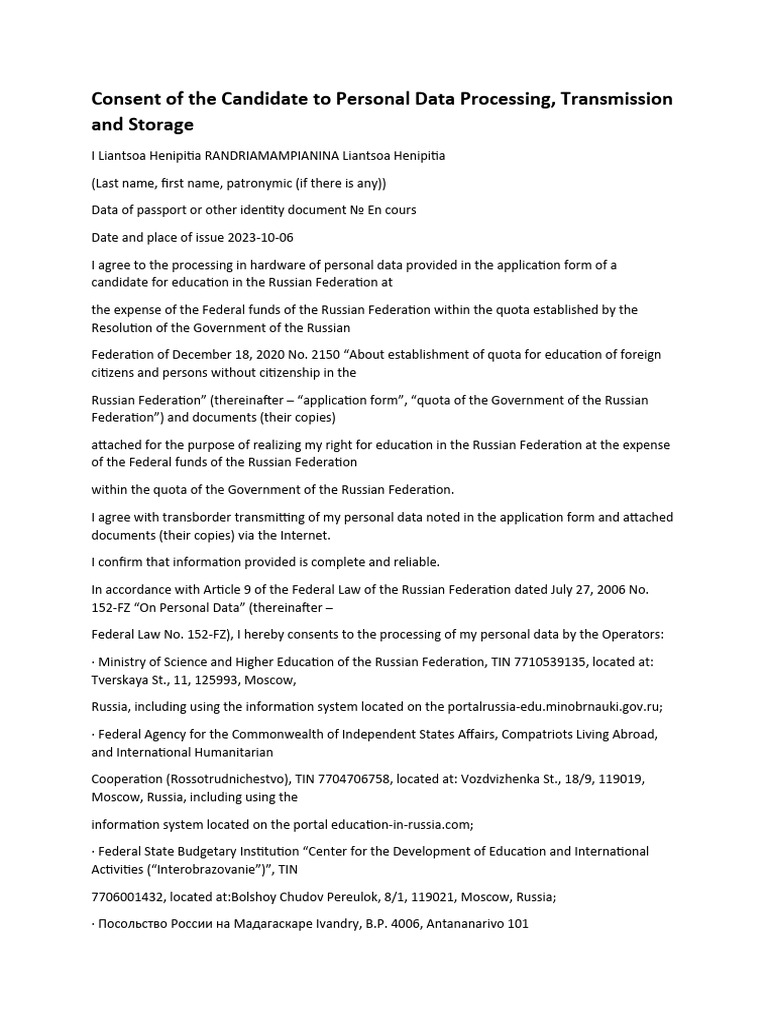Consent of The Candidate To Personal Data Processing | PDF | Travel ...