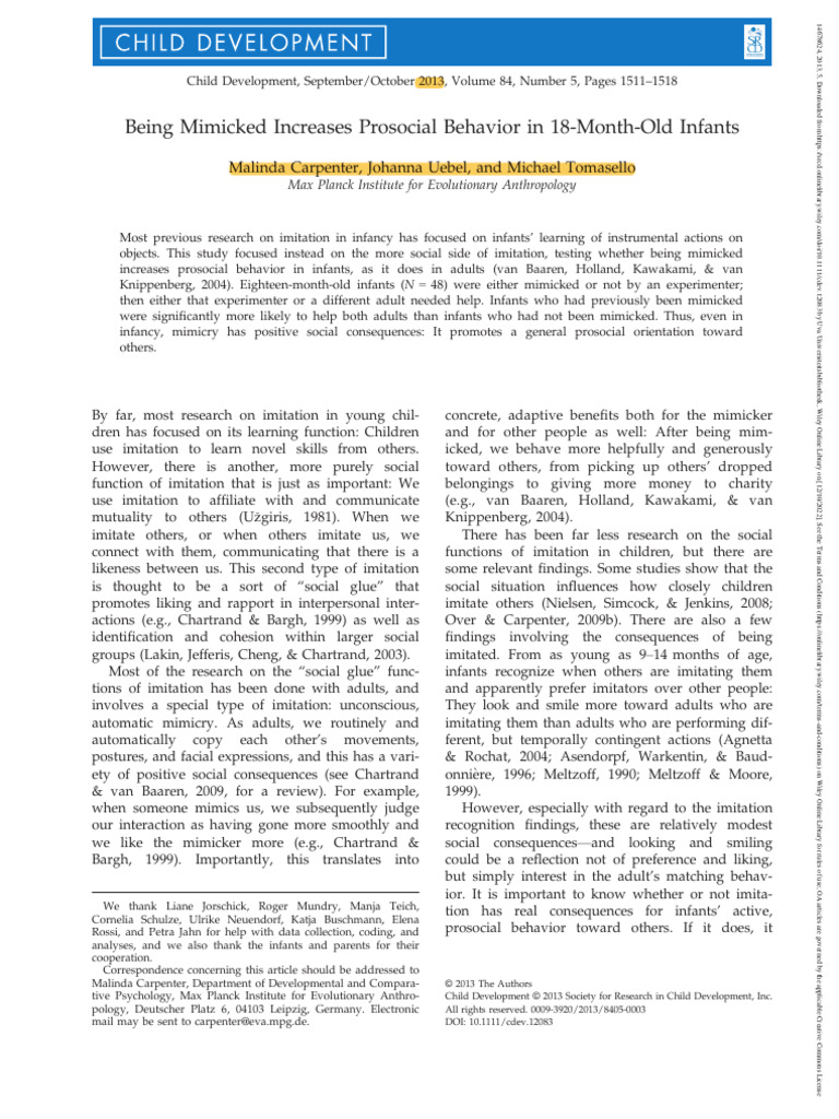 Being Mimicked Increases Prosocial Behavior in 18-Month-Old Infants ...