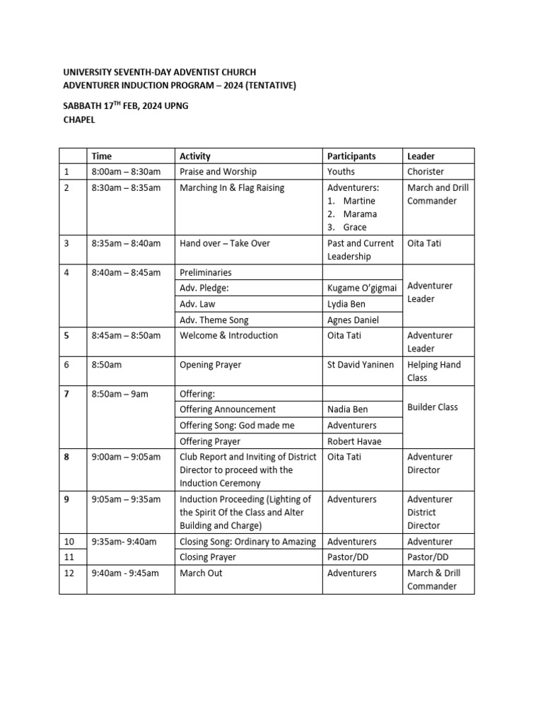 Adventurer Induction Ceremony 2024 | PDF | Protestant Denominational ...