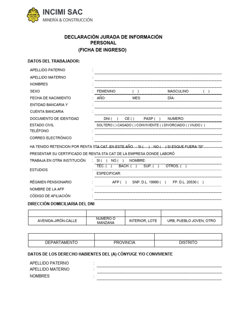 Ficha de Ingreso Personal Nuevo | PDF