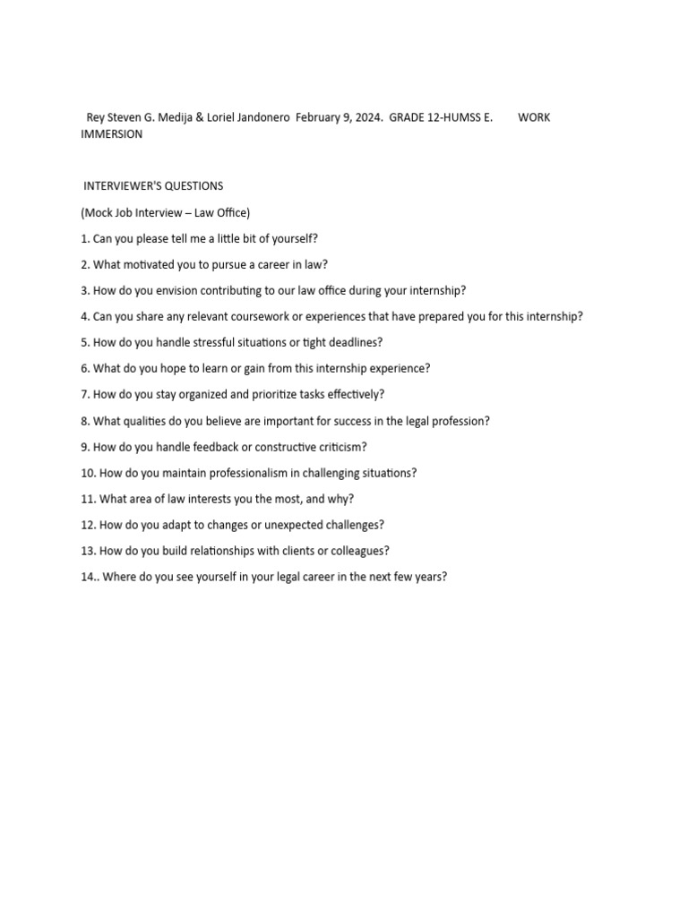 Work Immersion Interviews Questions | PDF