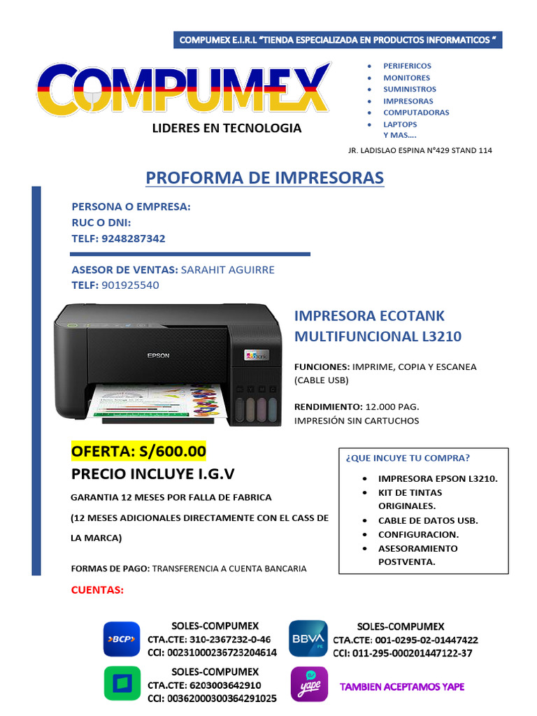 PROFORMA DE IMPRESORAS | PDF | Impresora (Computación) | Periférico