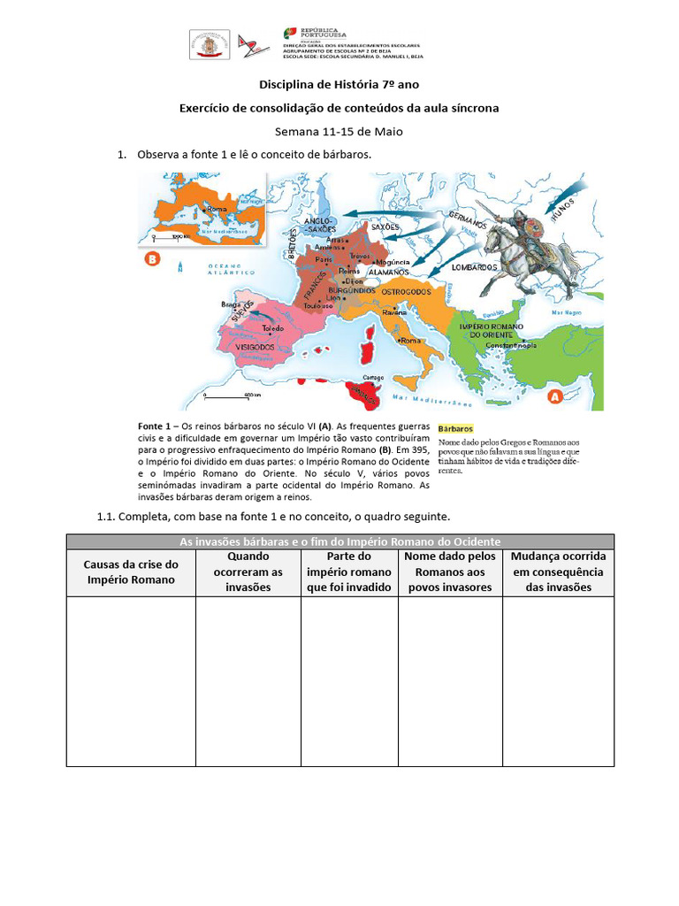 Tarefa HIST- 7º Ano- Invasões Bárbaras | PDF