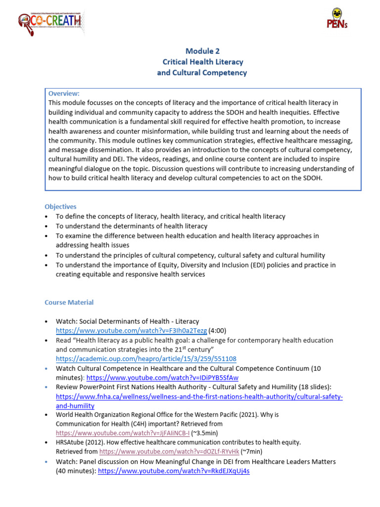 Module 2 - Critical Health Literacy and Cultural Competency | PDF ...
