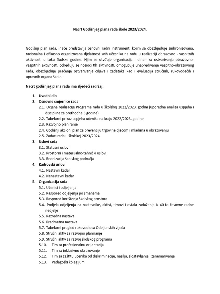 Nacrt Godišnjeg Plana Rada Škole 2023-2024 | PDF