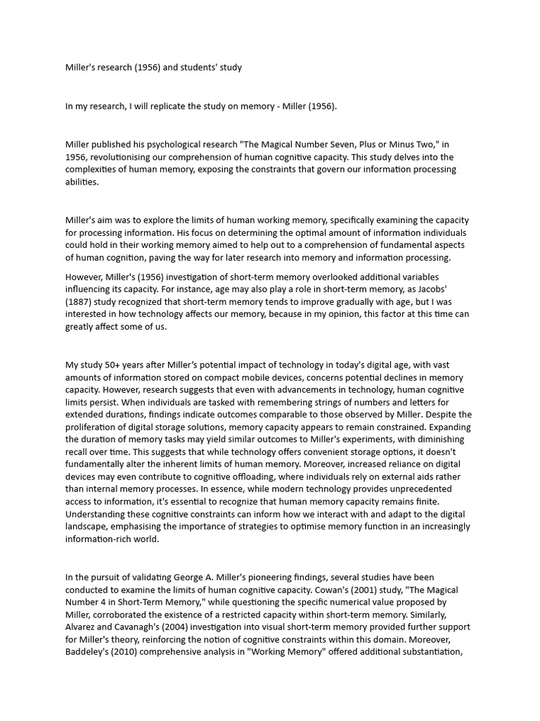 Millers Research | PDF | Memory | Working Memory