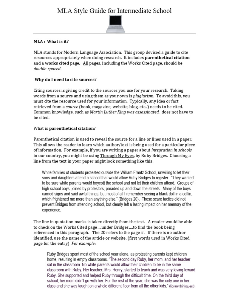 MLA Style Guide For Middle School | PDF | Citation