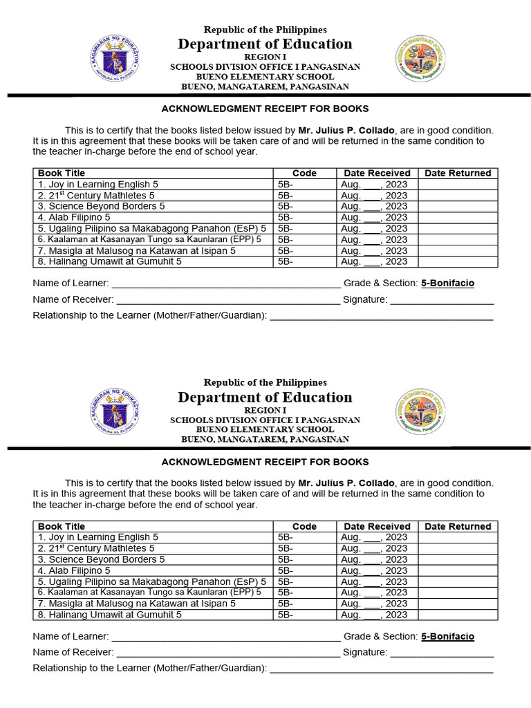 Acknowledgment Receipt for Books | PDF | Philippines | Southeast Asia