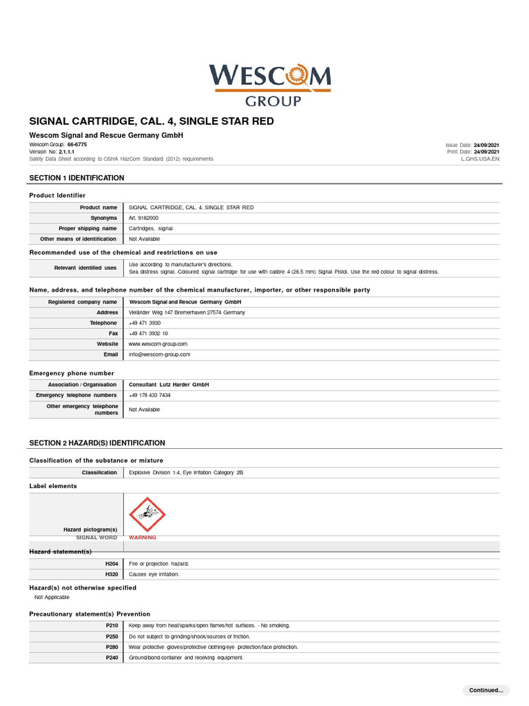 Signal Cartridge, Cal. 4, Single Star Red | PDF | Toxicity | Magnesium
