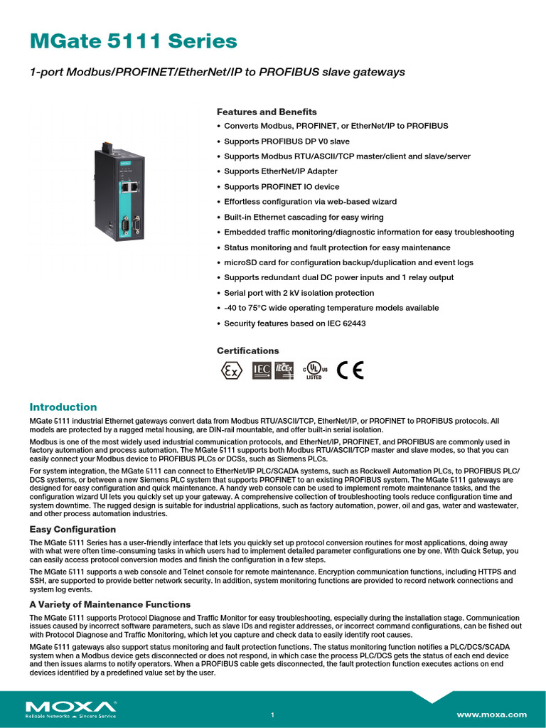 Moxa Mgate 5111 Series Datasheet v1.0 | PDF | Programmable Logic ...