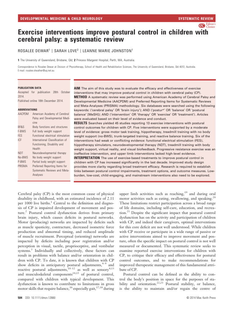 Develop Med Child Neuro - 2014 - Dewar - Exercise Interventions Improve ...