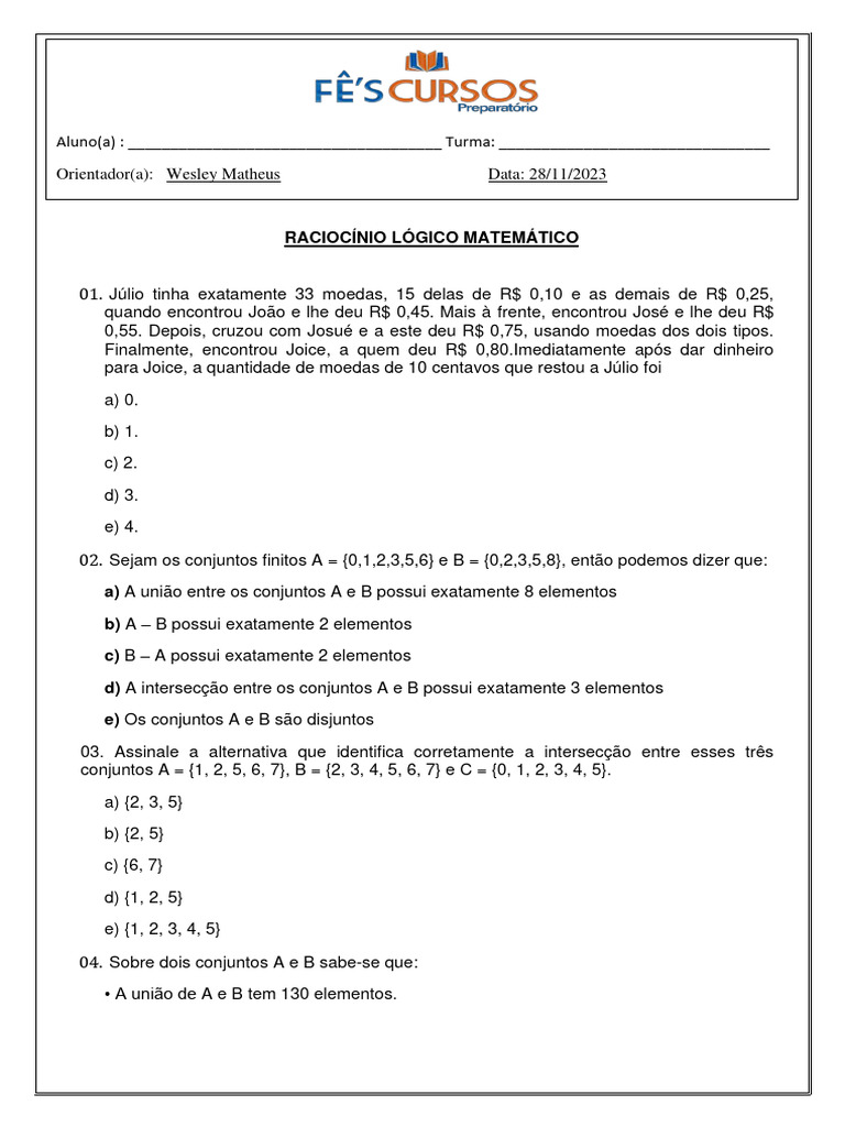 Aldeias Altas (RLM - Aula 02) | PDF | Conjunto (Matemática) | Lógica matemática