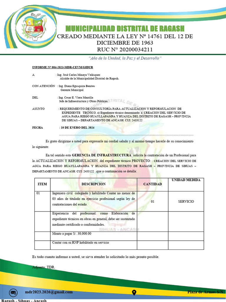 INFORME N° 004-2023-TDR HUAYLLAPA | PDF