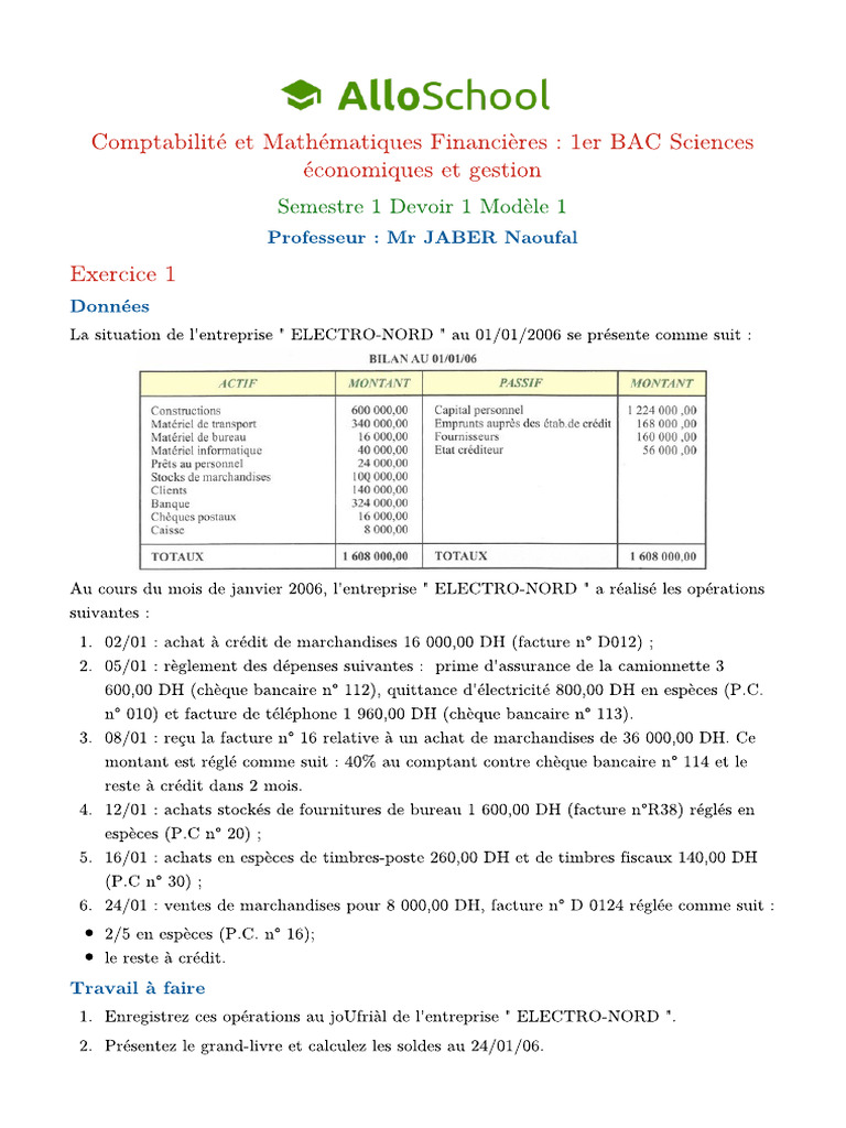 Compta 1bac Semestre 1 Devoir 1 Modele 1 3 | PDF