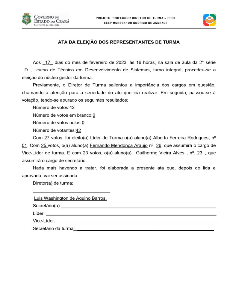 Ata Da Eleição de Lider e Vice-Lider de Turma | PDF