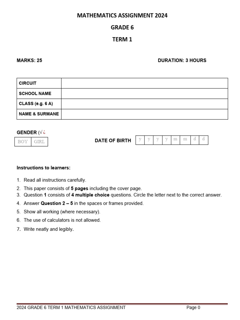 Grade 6 Mathematics Assignment Term 1 2024 | PDF | Mathematics