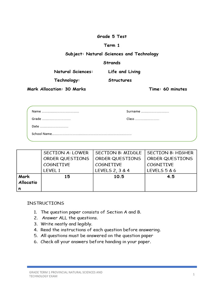 Grade 5 Nstech Term1 2019 Test | PDF | Skeleton | Pollination