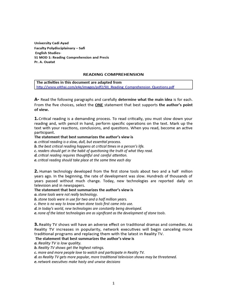 4 - M1 - READING COMPREHENSION, WEEK 4, Pr. OUATAT | PDF | Cognition