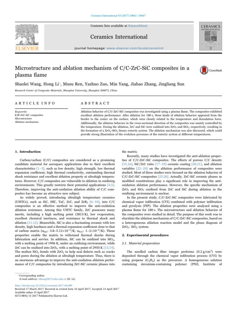 Microstructure and Ablation Mechanism of C C ZRC SiC Composites in A ...