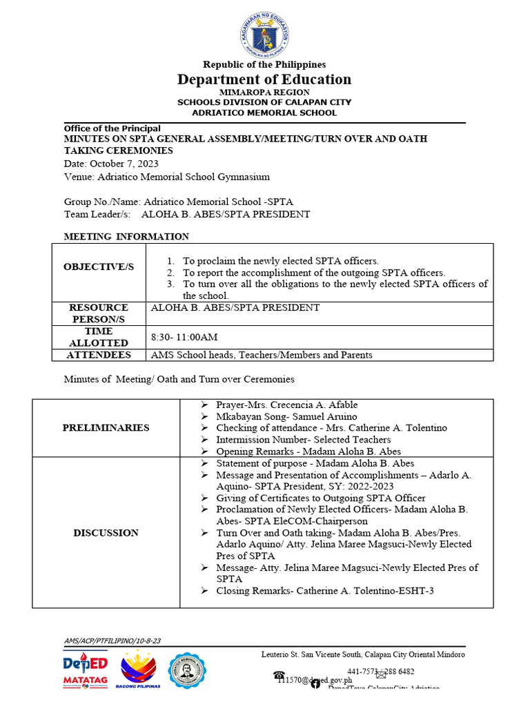 Minutes of SPTA Meeting Oath and Turn Over Ceremonies | PDF ...
