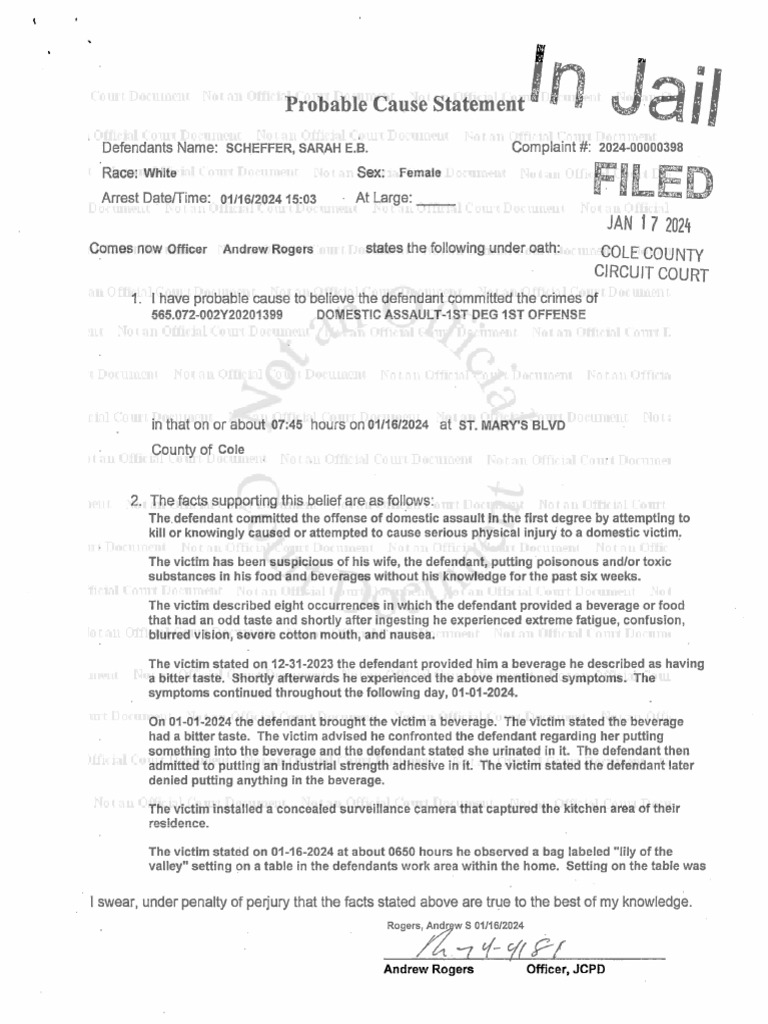 2024 01 17 - Probable Cause Statement Filed - Sarah e Scheffer - Mo PDF | PDF