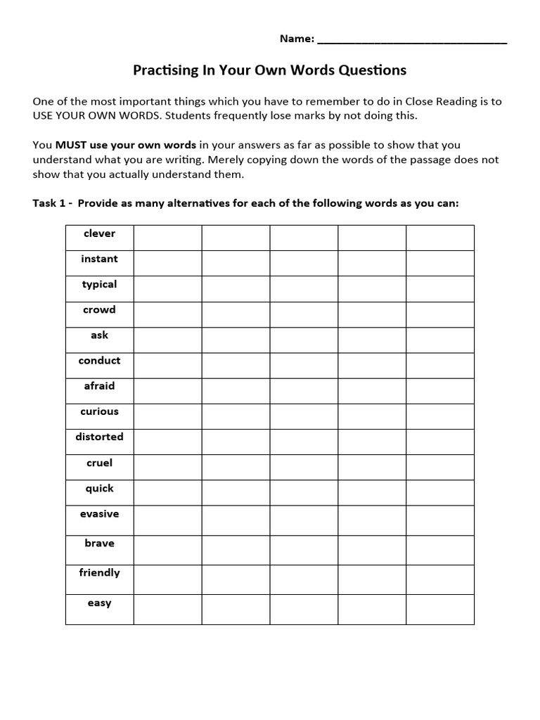 Practising in Your Own Words Questions | PDF