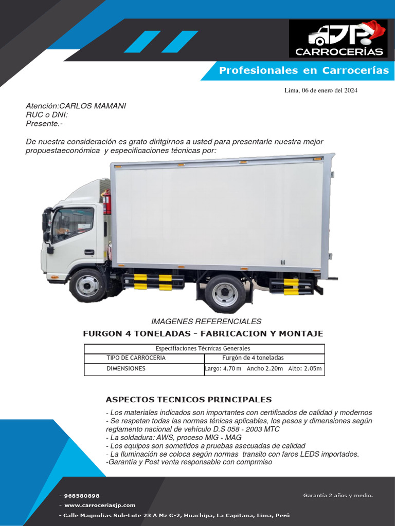 Proforma de Un Furgon de 4 Toneladas Estandar 06.01.2023 | PDF | Materiales | Estilos de carrocería