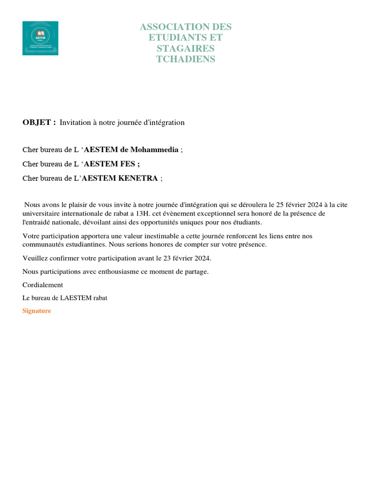 OBJET Invitation À Notre Journée D'intégration | PDF