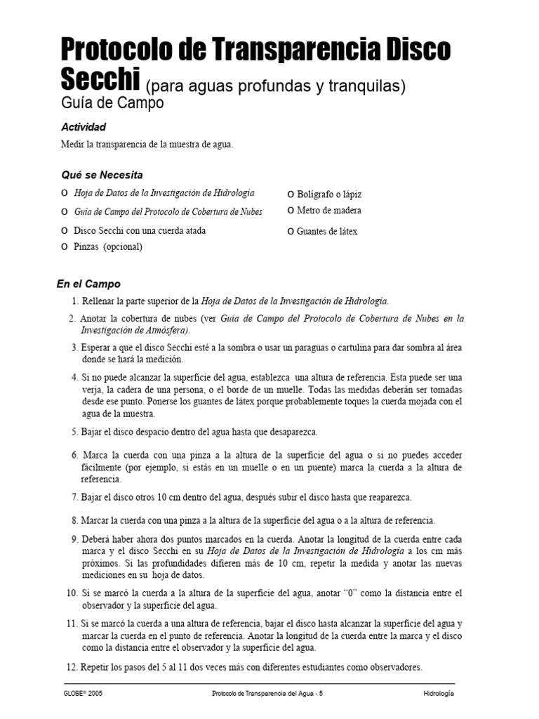 Secchi Disk Protocol Field Guide Es | PDF
