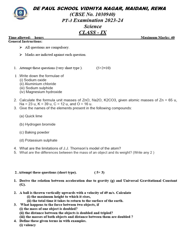 Class Ix Science Question Paper (1) | PDF | Atoms | Valence (Chemistry)