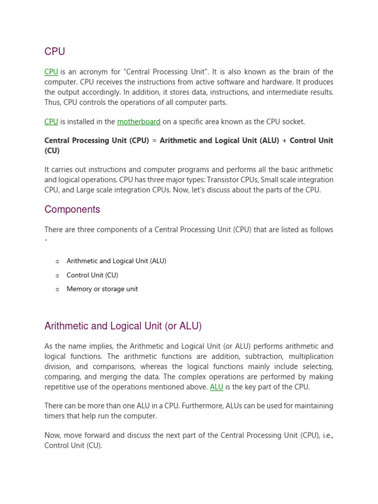 Central Processing Unit (CPU) Arithmetic and Logical Unit (ALU) + Control Unit (CU) | PDF