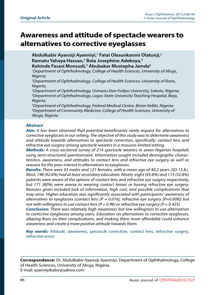 Spectacle Wearers' Awareness of Alternatives | PDF | Glasses | Contact Lens