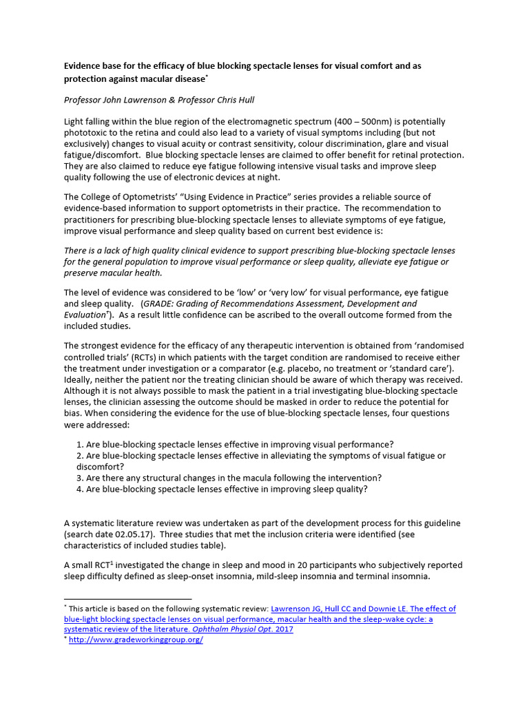 Using Evidence in Practice Blue Blocking Spectacle Lenses Full Document | PDF | Randomized ...