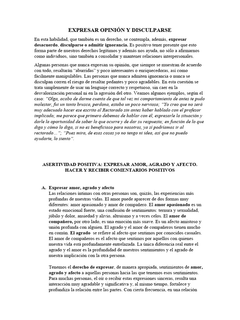 EXPRESAR OPINIÓN Y DISCULPARSE y ASERTIVIDAD POSITIVA | PDF | Amor ...