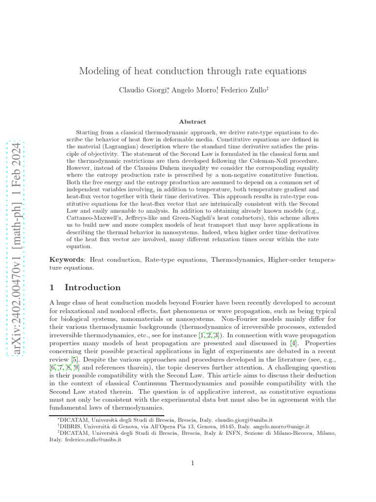 Modeling of Heat Conduction Through Rate Equations: Claudio Giorgi ...