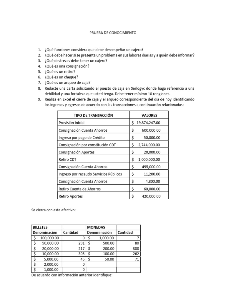 Pruebas Conocimiento Caja | PDF | Dinero | Economias