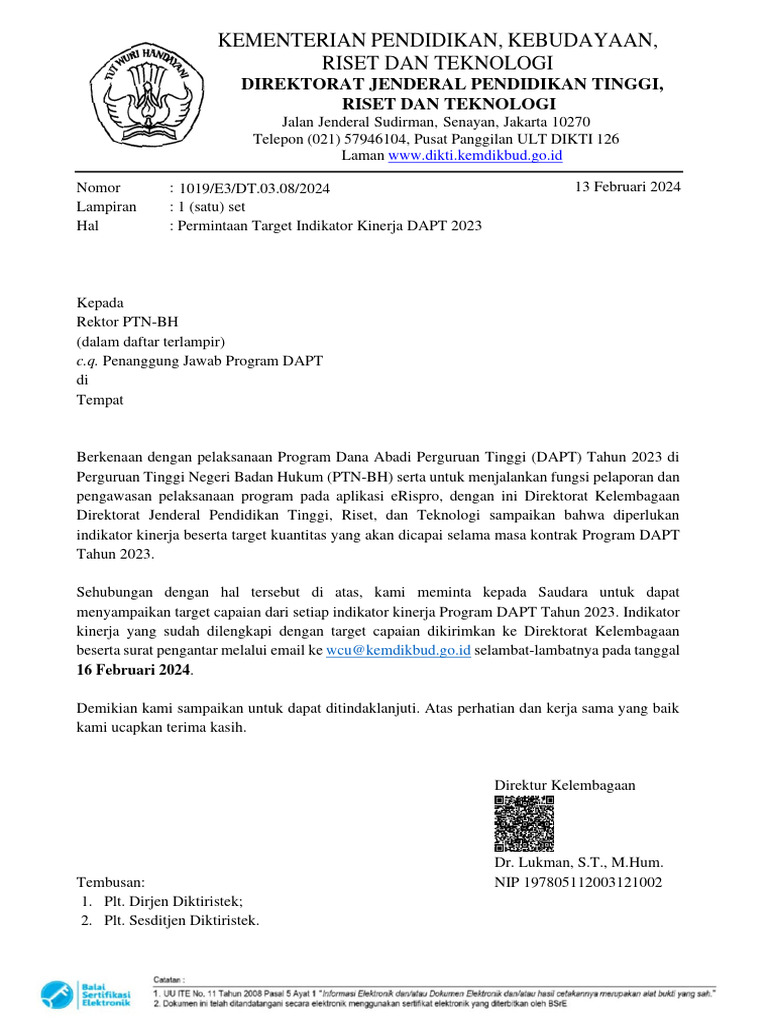Surat Permintaan Target Indikator Kinerja Program DAPT Tahun 2023 | PDF
