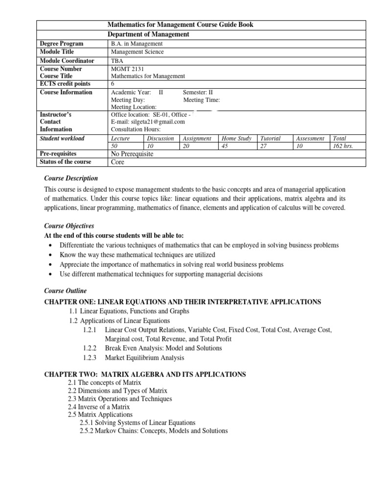 Mathematics For Management Course Guide Book | PDF | Equations ...
