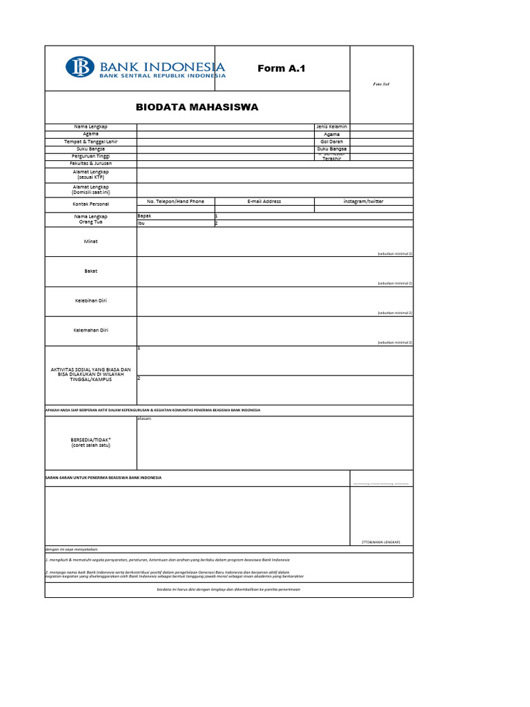 Form A.1 Calon Penerima Beasiswa BI 2024 | PDF