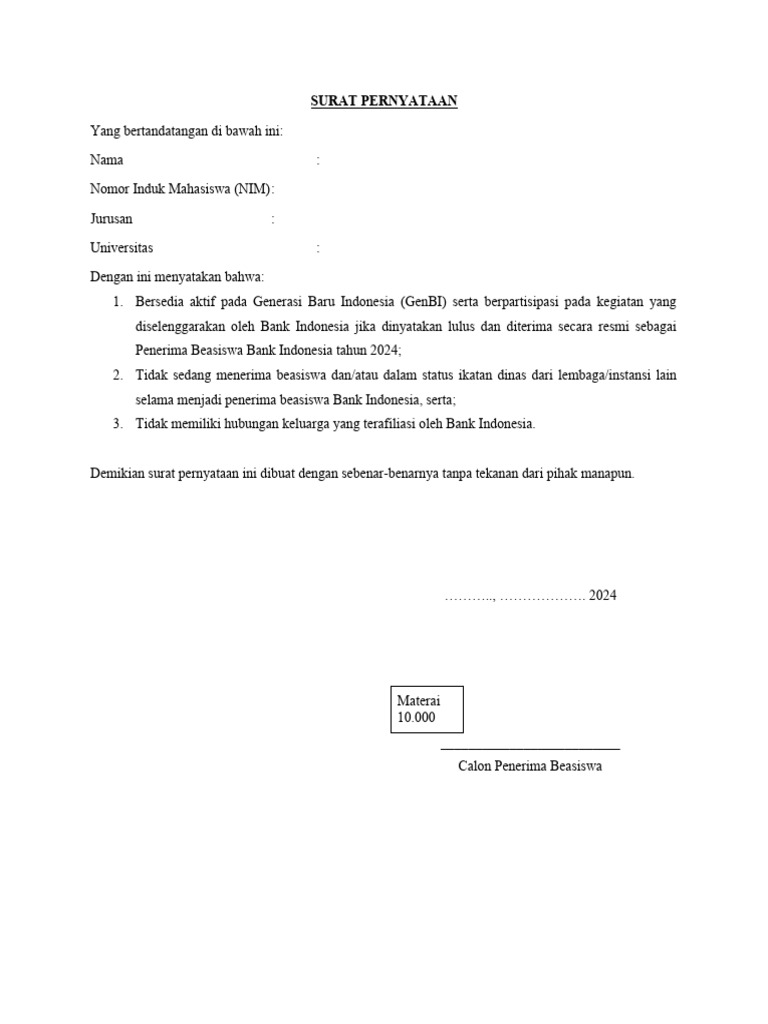 Surat Pernyataan Calon Penerima Beasiswa BI 2024 2 | PDF